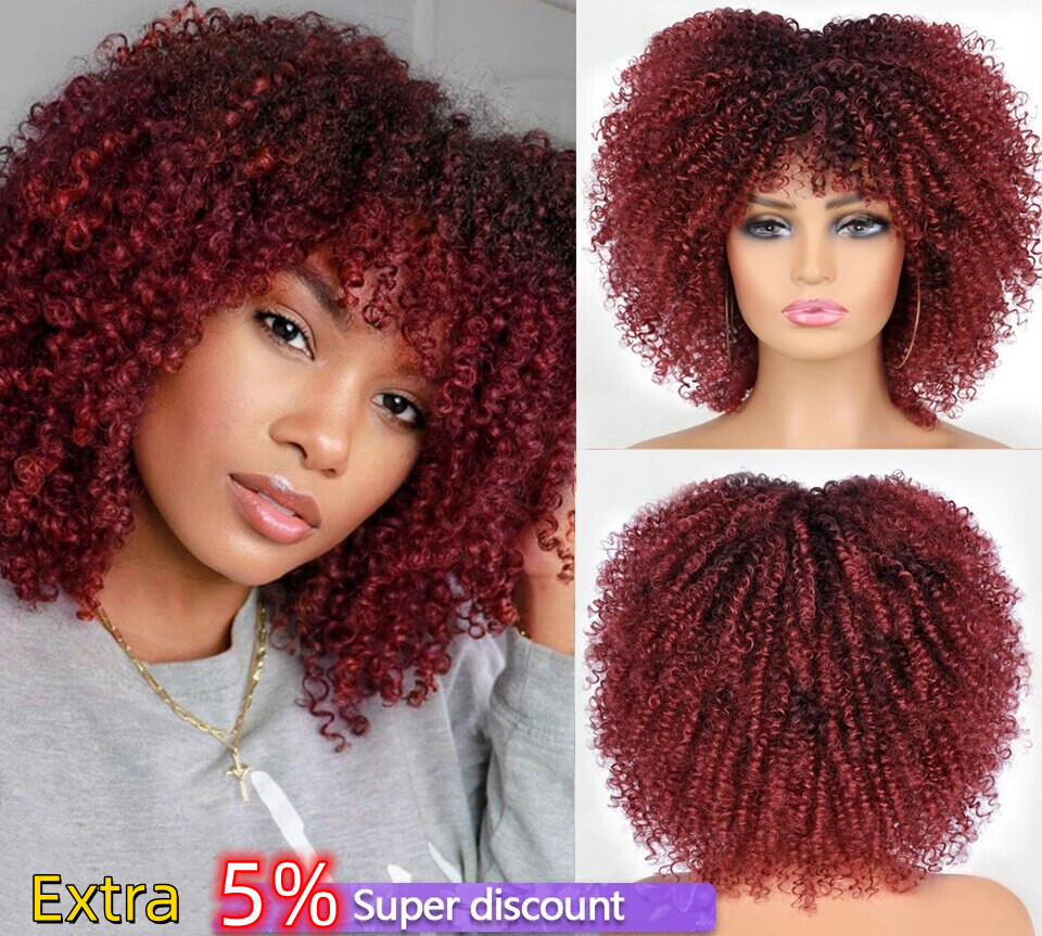 Ombre Burgundy Synthetic Curly Wigs Shoulder Length Glueless Afro Wig ...