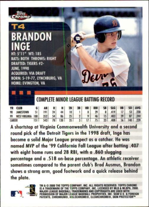 2000 Topps Chrome Traded Baseball Card #T4 Brandon Inge RC | eBay