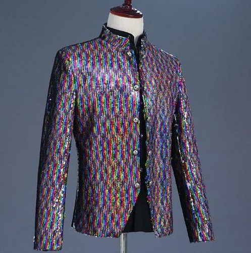 Mens Sequins Colorful Stand Collar Coat Youth Nightclub Stage Show ...