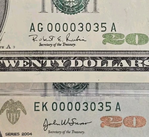 Matching Serial Number $20 Dollar Bills 1996 2004 Fancy Low 4 Digit ...