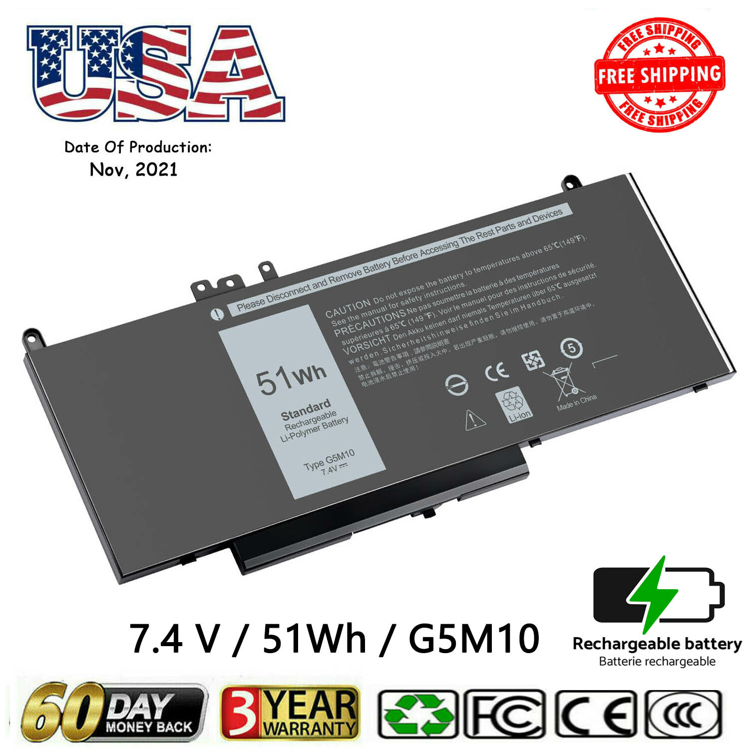 51Wh Battery for Dell Latitude E5450 E5550 Laptop 15.6 inch G5M10 ...