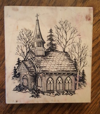 PSX RUBBER STAMP K-1912 "COUNTRY CHURCH" TREES STAINED GLASS WINDOWS ...