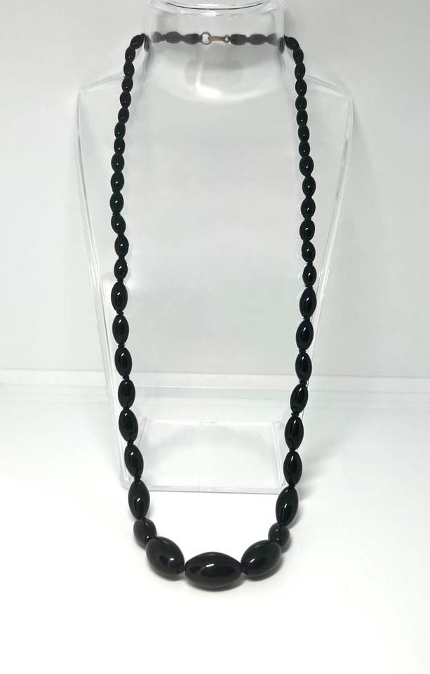 Art-Déco Obsidian Kette 62 cm – schwarze Olivenperlen, einzeln geknüpft ...