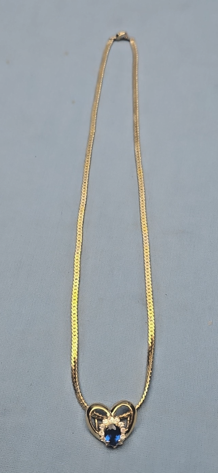 14k Yellow Gold Blue Sapphire Wrapped Diamonds Heart Pendant Necklace ...