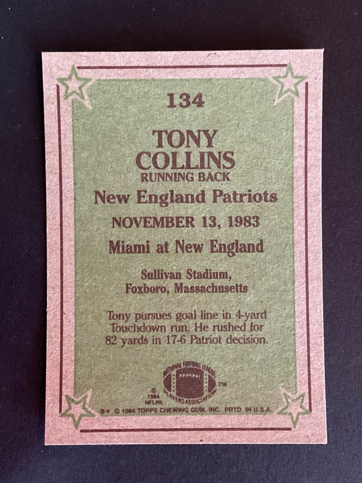 Tony Collins Instant Replay 1984 Topps Football Card #133 -New England ...