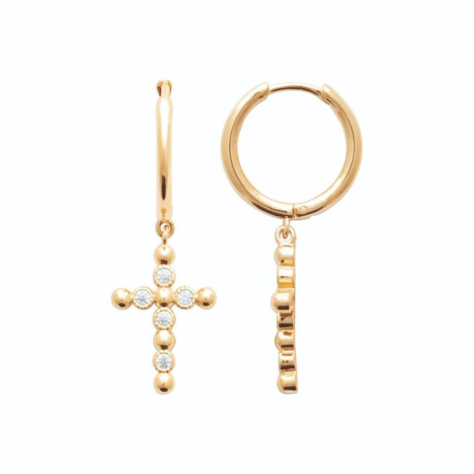 Earrings Creoles Gold Plated 18 Carat -zircon Pendant Cross Modern | eBay