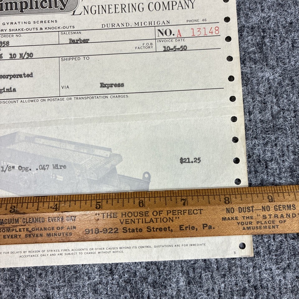 1950 Simplicity Engineering Gyrating Screen Invoice to M Marsh Cigar Co ...