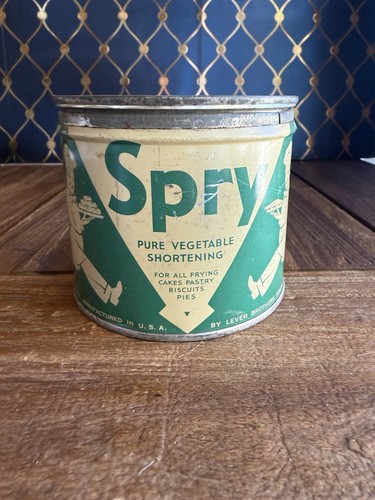 Antique 1940's Spry Pure Vegetable Shortening Baking Kitchen Tin Lever ...