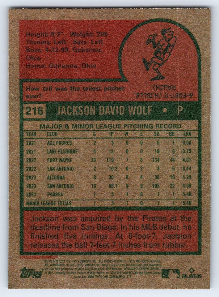 2024 Topps Heritage #216 Jackson Wolf Pittsburgh Pirates RC BASEBALL ...
