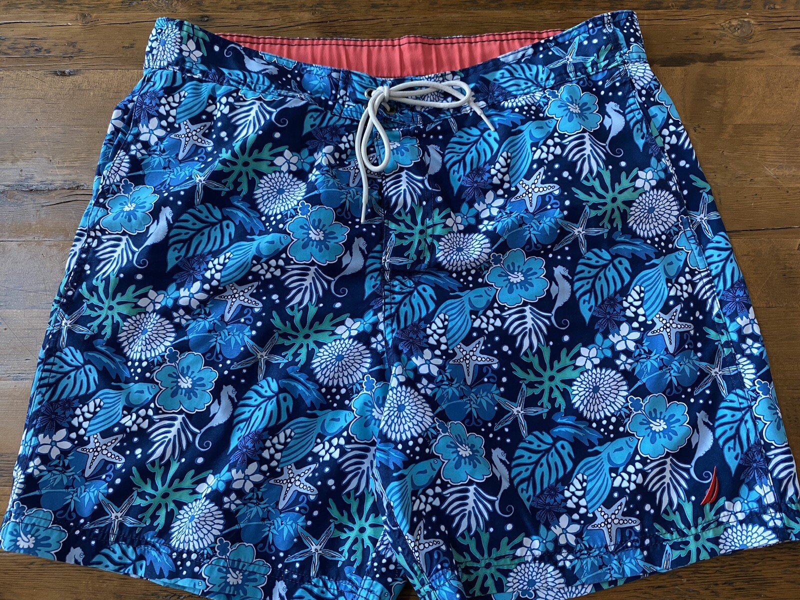 Nautica Blue & White Hibiscus Fish Starfish Print Swi… - Gem