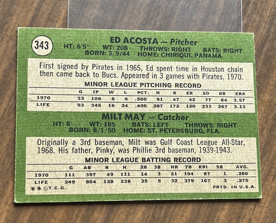 1971 Topps Pirates Rookies - Ed Acosta / Milt May RC # 343 - Pittsburgh ...