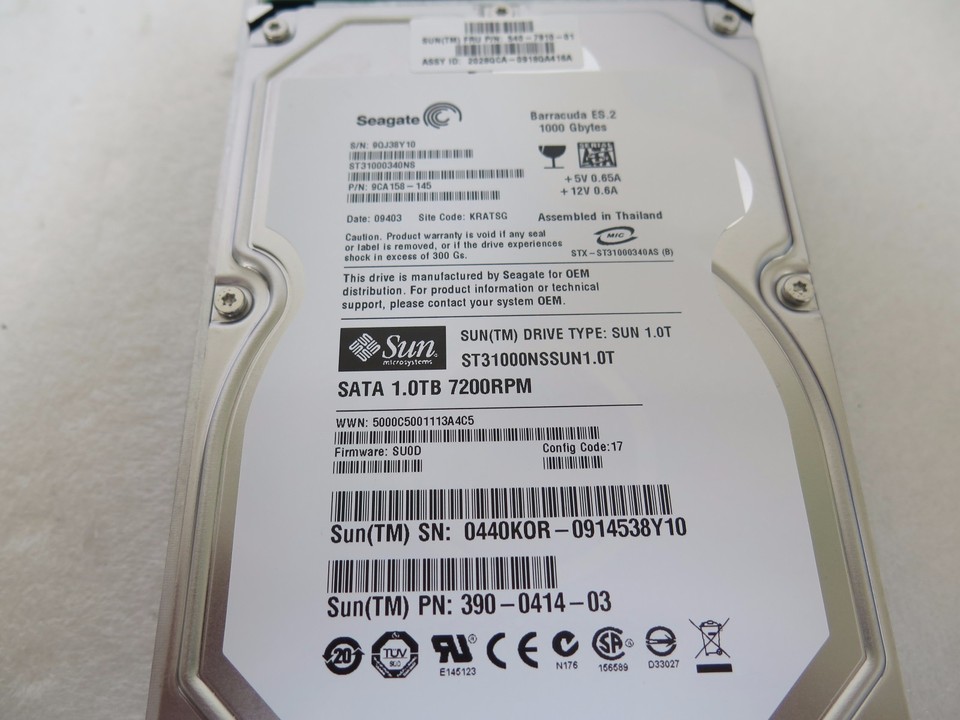 SUN ORACLE 390-0414 1TB 7.2K SATA 3.5” HDD w/ Tray J4400 J4200 540-7910 ...