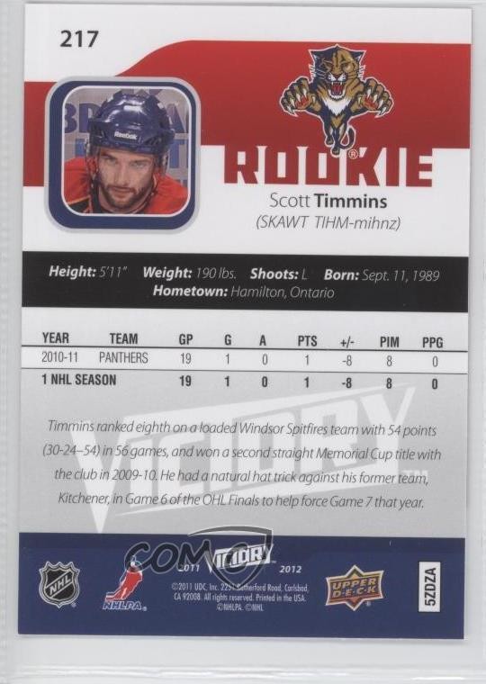2011-12 Upper Deck Victory Rookie Red Scott Timmins #217 Rookie RC | eBay