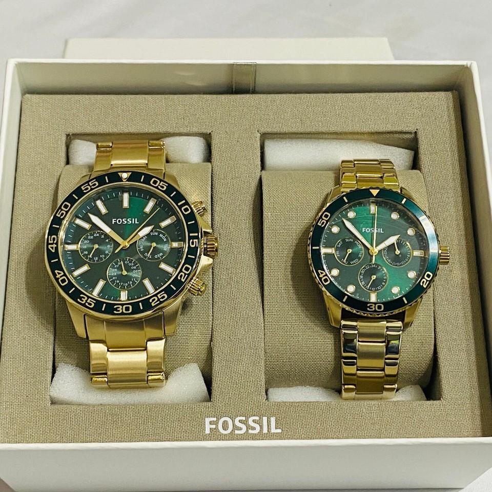 Fossil BQ2754SET Golden Green Chronograph Stainless Steel 5ATM Couples ...