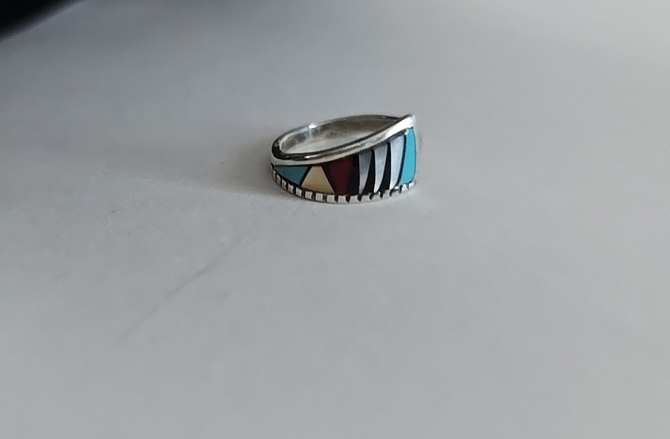 Native American Sadie Calvin Ring Inlaid 925 MOP Onyx Turquoise Coral ...