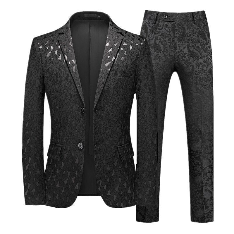 Fashion Men Jacquard Suit Blazers Jacket Pants 2pc Set Business Wedding ...