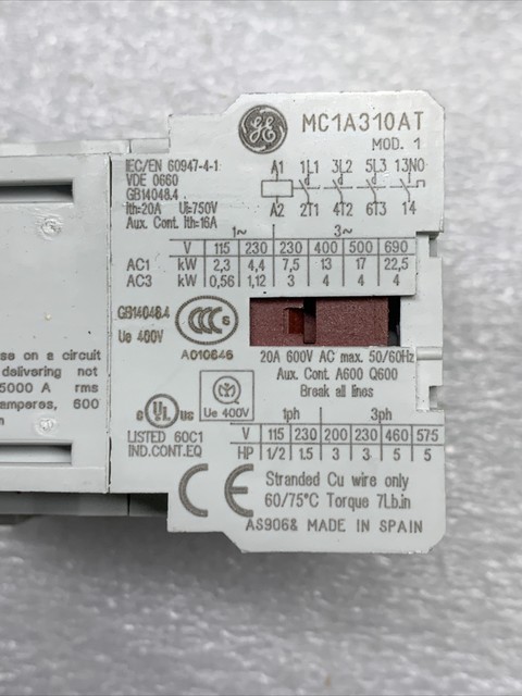 General Electric GE MC1A310AT 110/120 VAC Coil Starter Contactor 5 HP ...