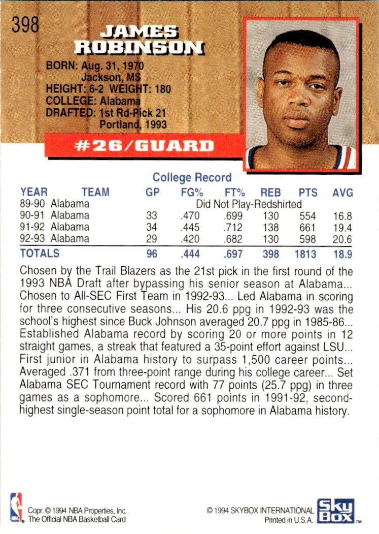 1993-94 NBA Hoops Basketball Card James Robinson Portland Trail Blazers ...