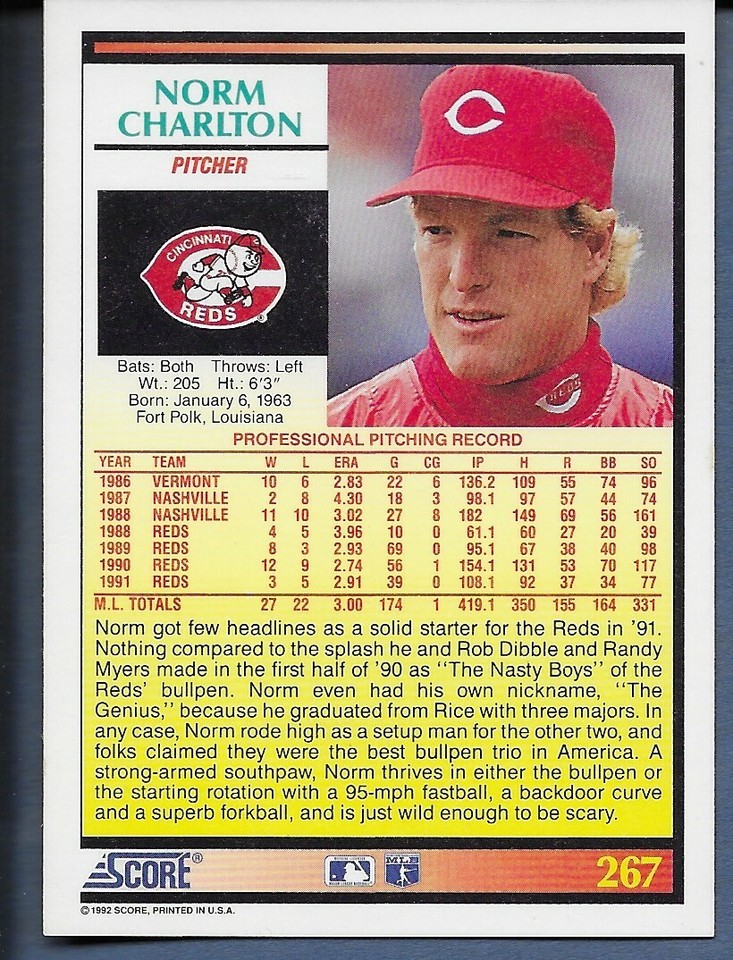 1992 Score #267 Norm Charlton Reds | eBay