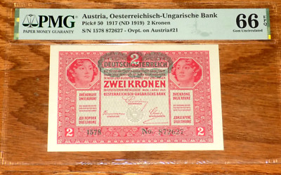 Austria 2 Kronen 1917 (1919) Pick# 50 PMG 66 EPQ Gem Unc Note Austrian ...