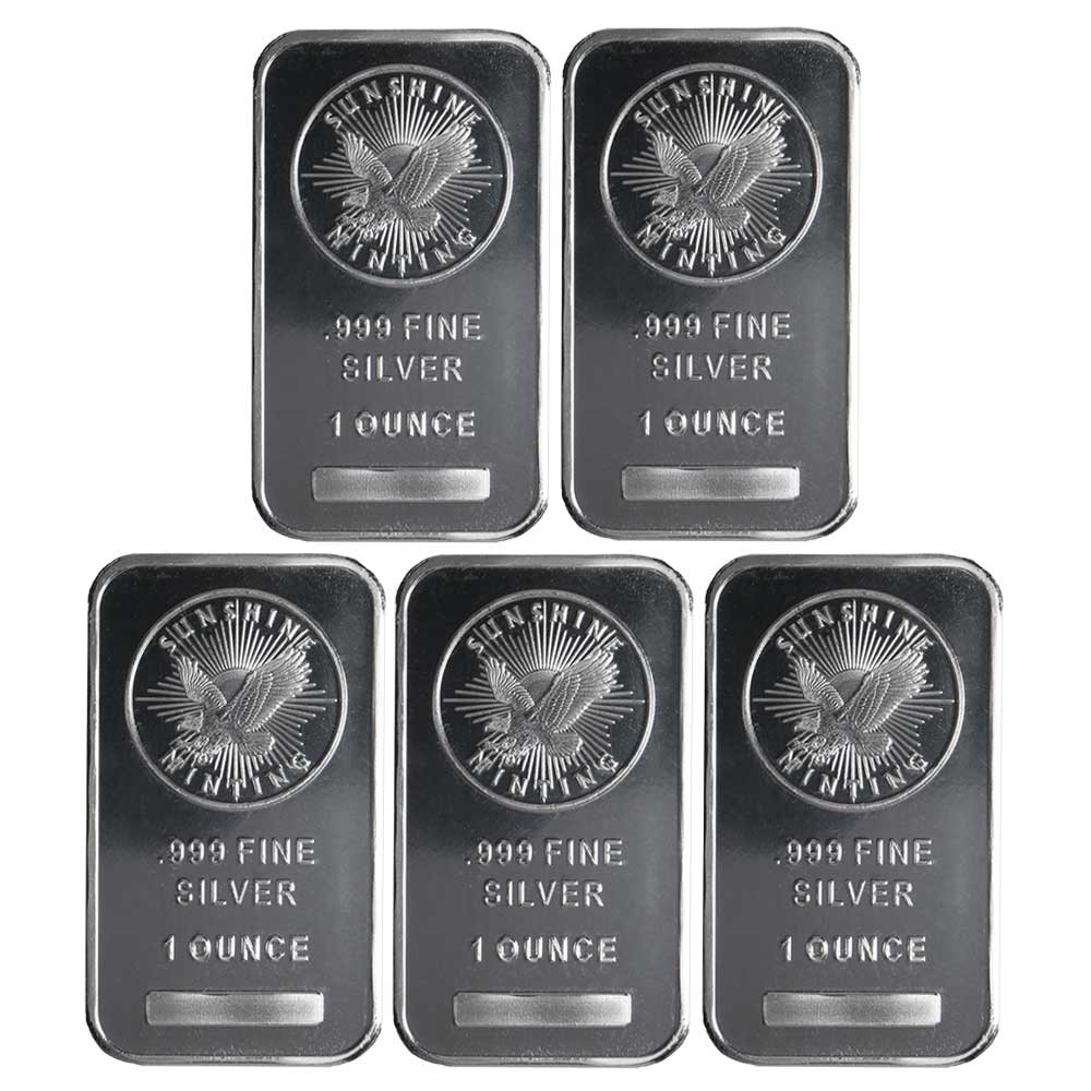 Lot of 5 - 1 Troy oz Sunshine Mint .999 Fine Silver Bar Mint Mark SI ...