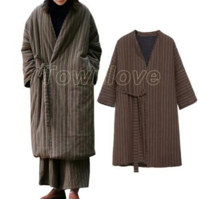 Vintage Style Women Long Quilted Jacket Thick Stripe Loose Cotton Robe ...