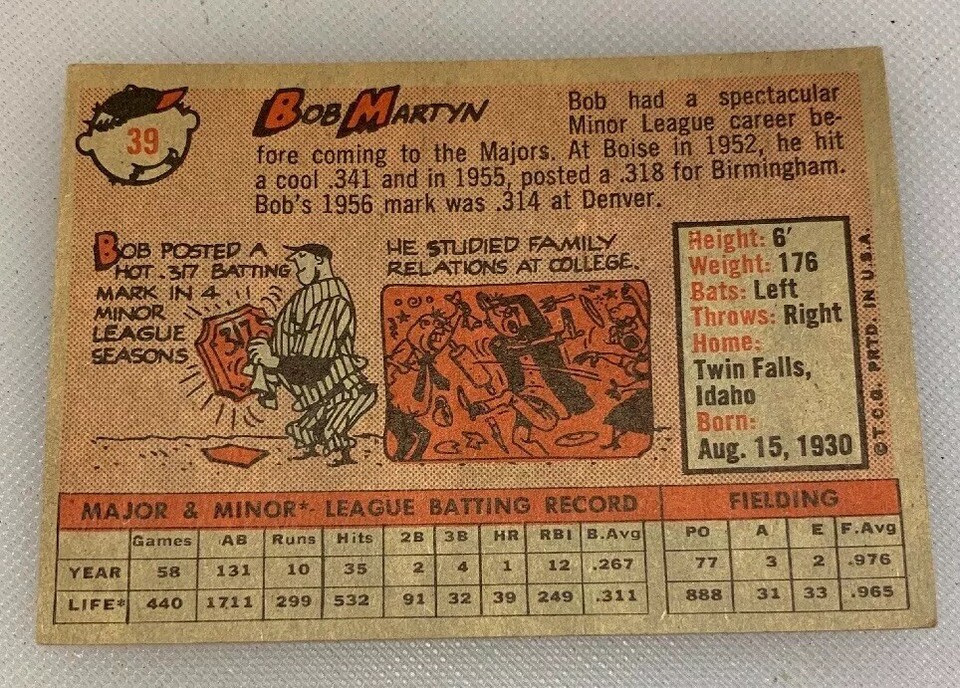 1958 Topps # 39 Bob Martyn Baseball Card Kansas City Athletics A’s | eBay
