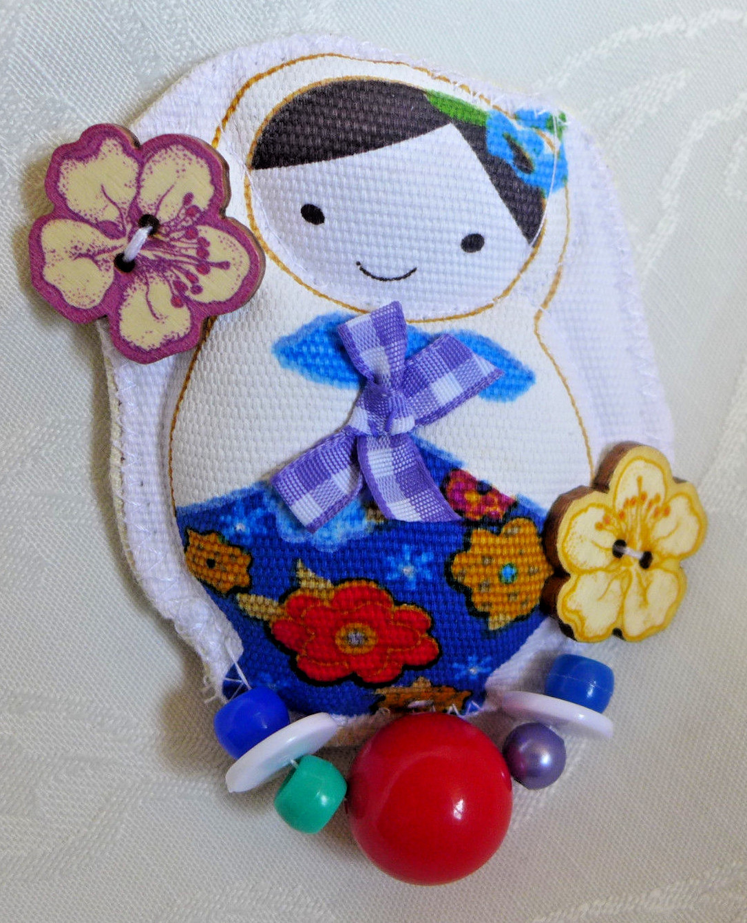 Fabric Handcrafted Brooch Pin Doll Print Flower Buttons Beads One Of A ...