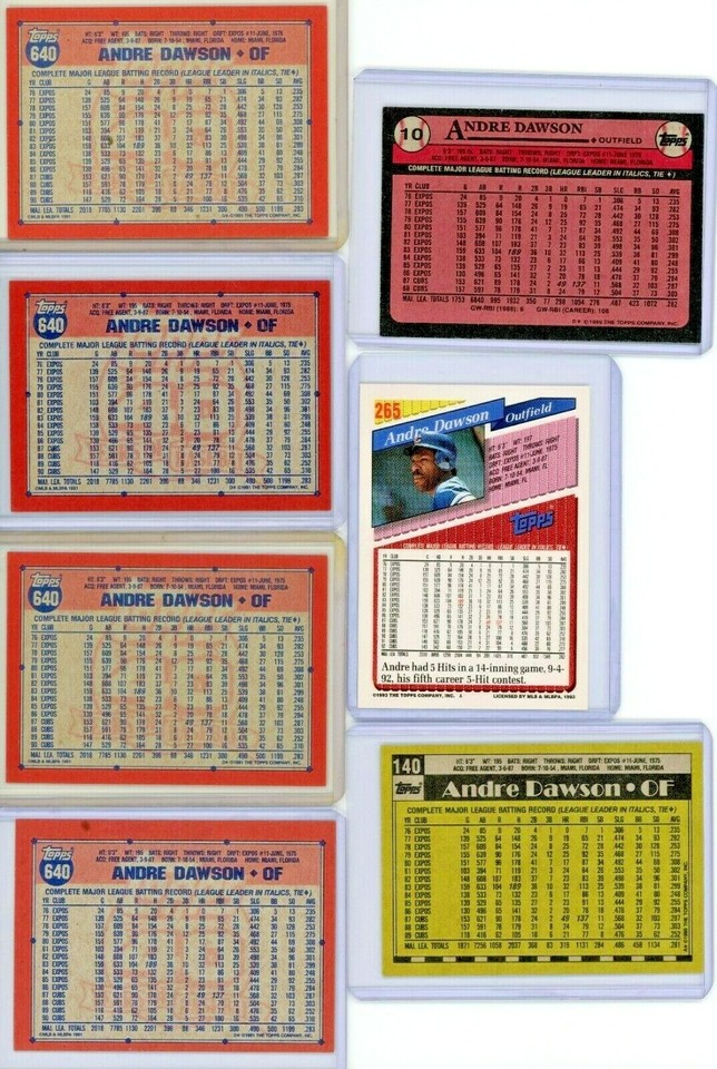 SEVEN (7) Andre Dawson 1989 1990 1991 1993 Topps Cards - Cubs - Hall of ...