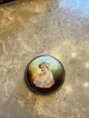 Incredible ceramic female portrait brooch late 1800s gold tone frame ...