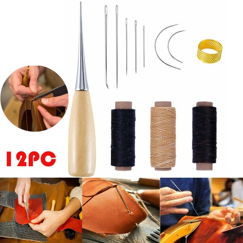 12x Leather Sewing Needles Kit Stitching Needle Thread Thimble Shoes ...