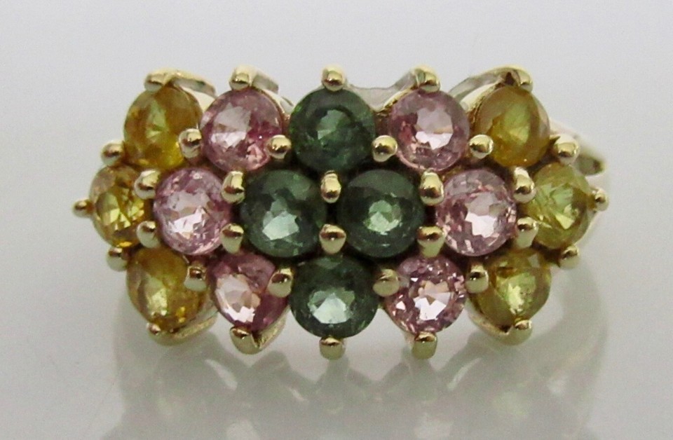 9ct Gold Ring - 9ct Yellow Gold Multi Coloured Sapphire Cluster Ring ...