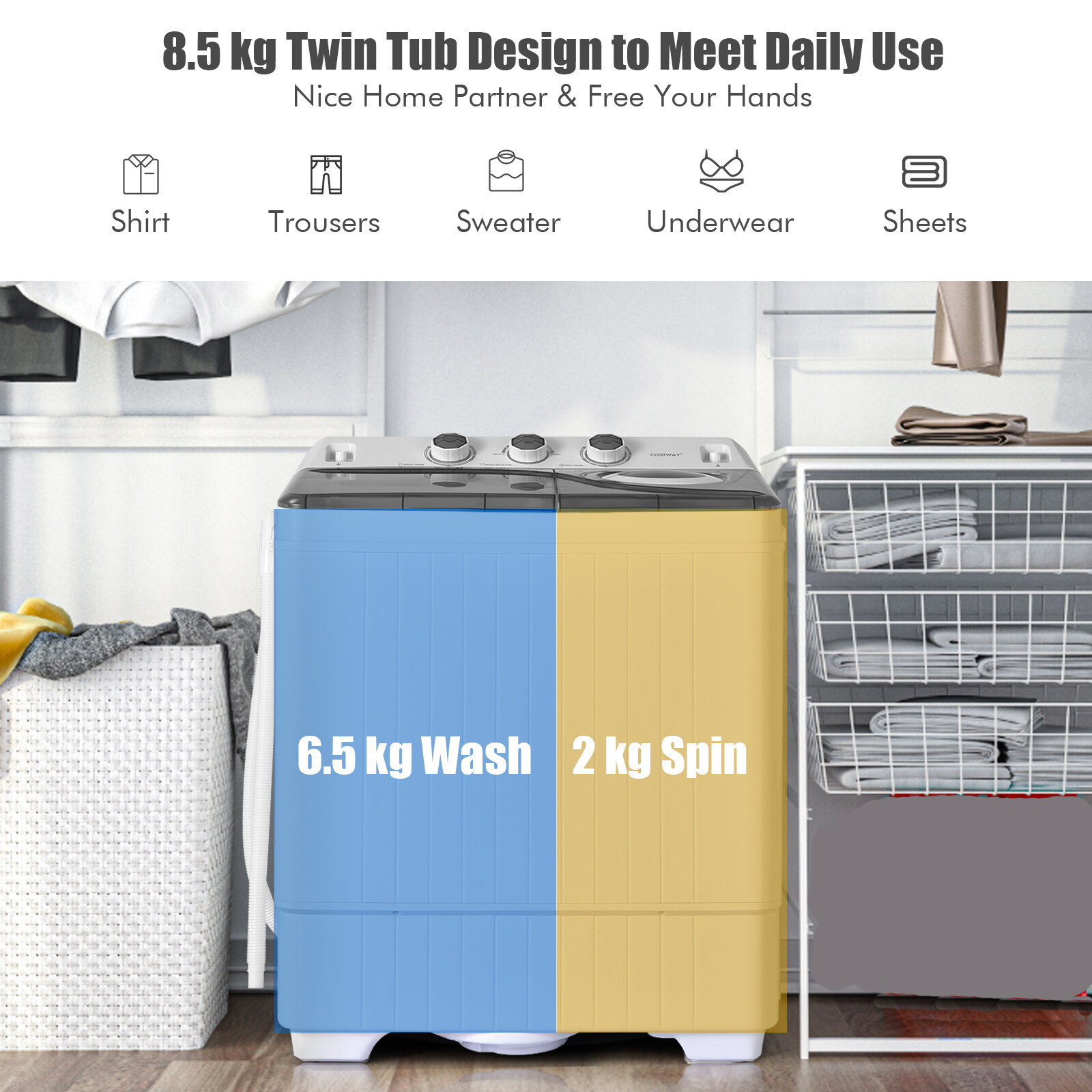 Twin Tub Washing Machine Portable Laundry Washer Machine 6.5KG Washer+ ...