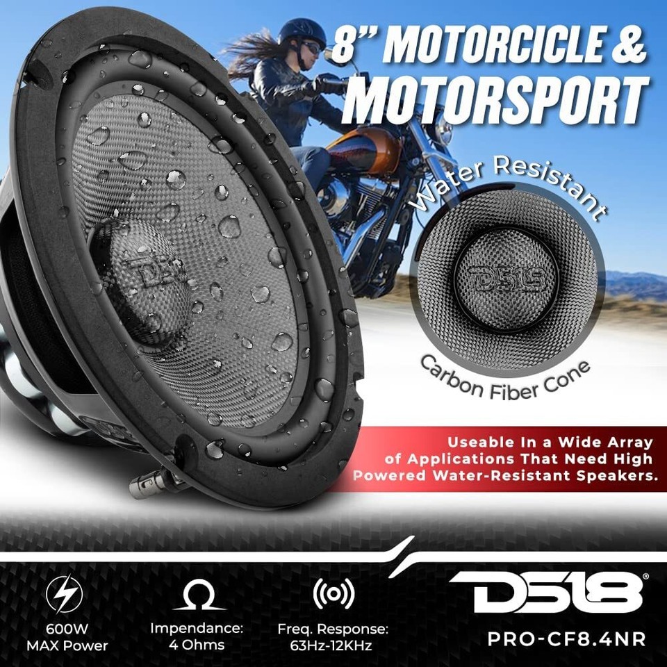 PAIR DS18 8" Motorcycle Marine Mid-Bass Range Speakers 1200W 4 Ohm PRO ...