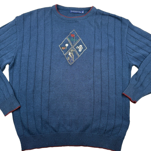 Vintage Pinnacle Knitted Embroidered Golf Sweater Men's XL Blue Cotton ...