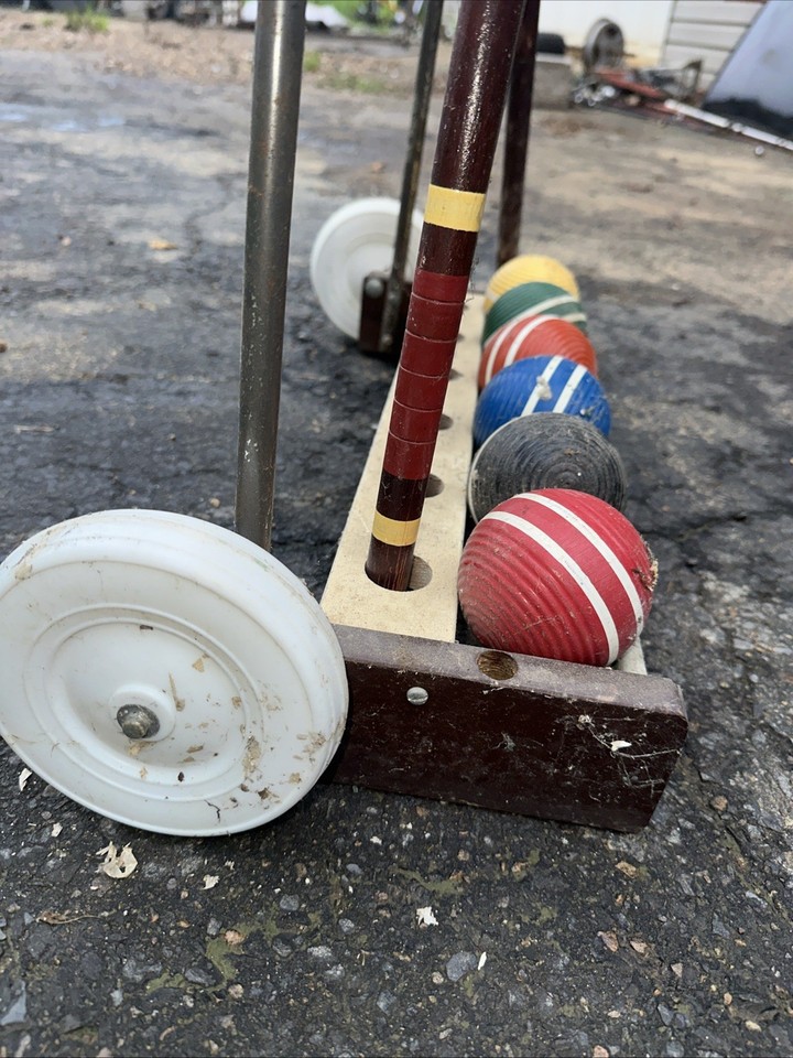Vintage Rolling Metal Wood Croquet Set with Stand - 6 Players - Made In ...