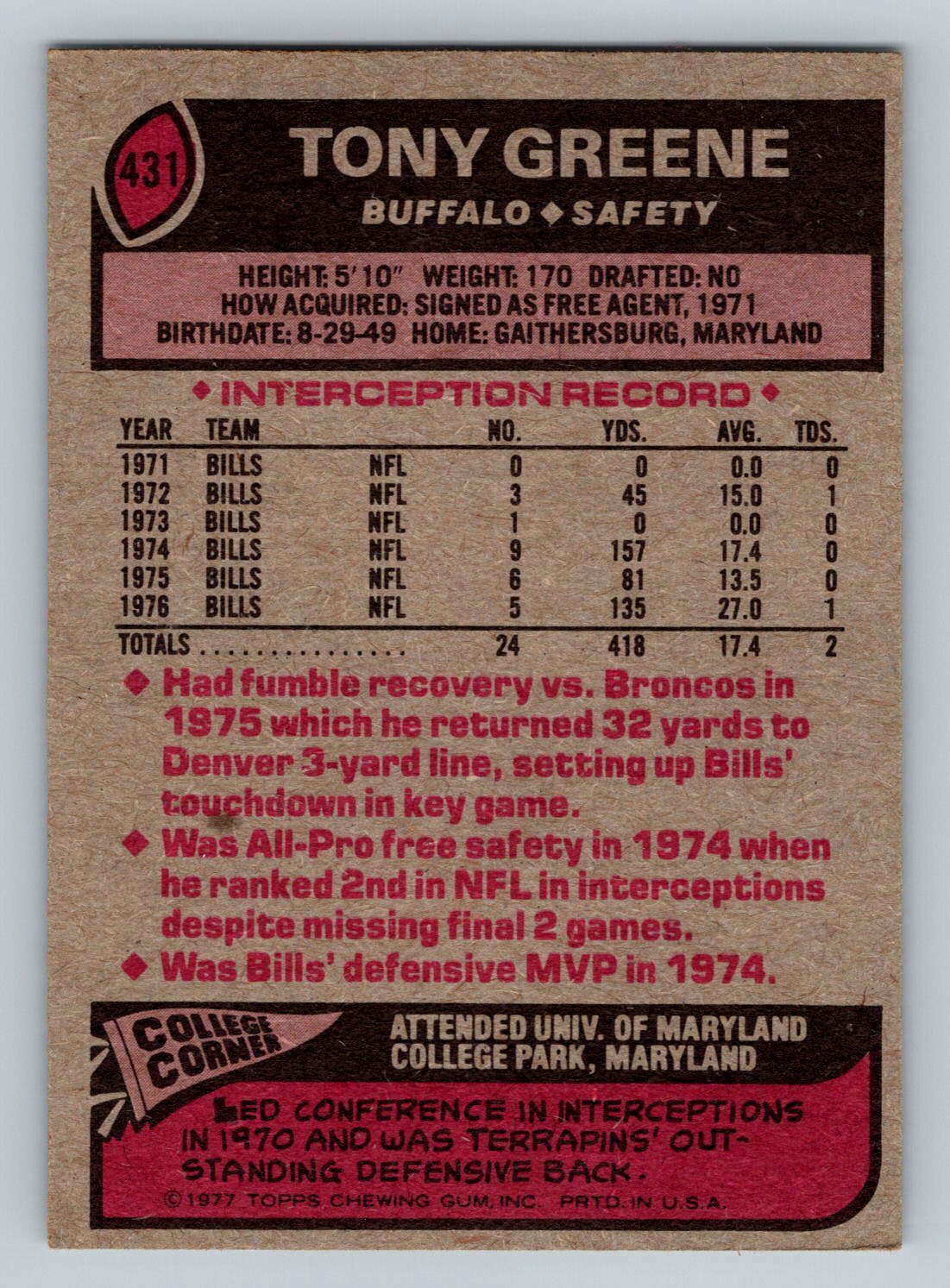 1977 Topps #431 Tony Greene Buffalo Bills | eBay