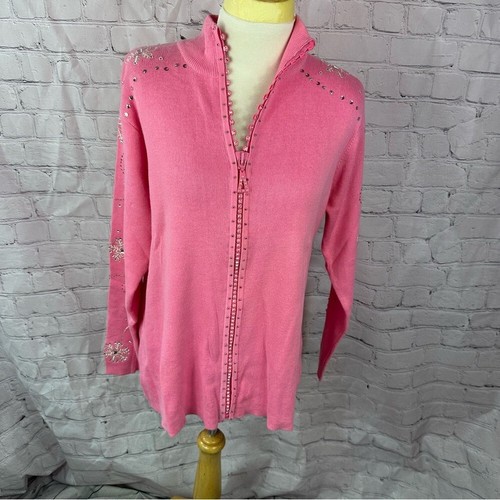 quacker factory pink zip sweater cardigan embroidered embellished sz ...
