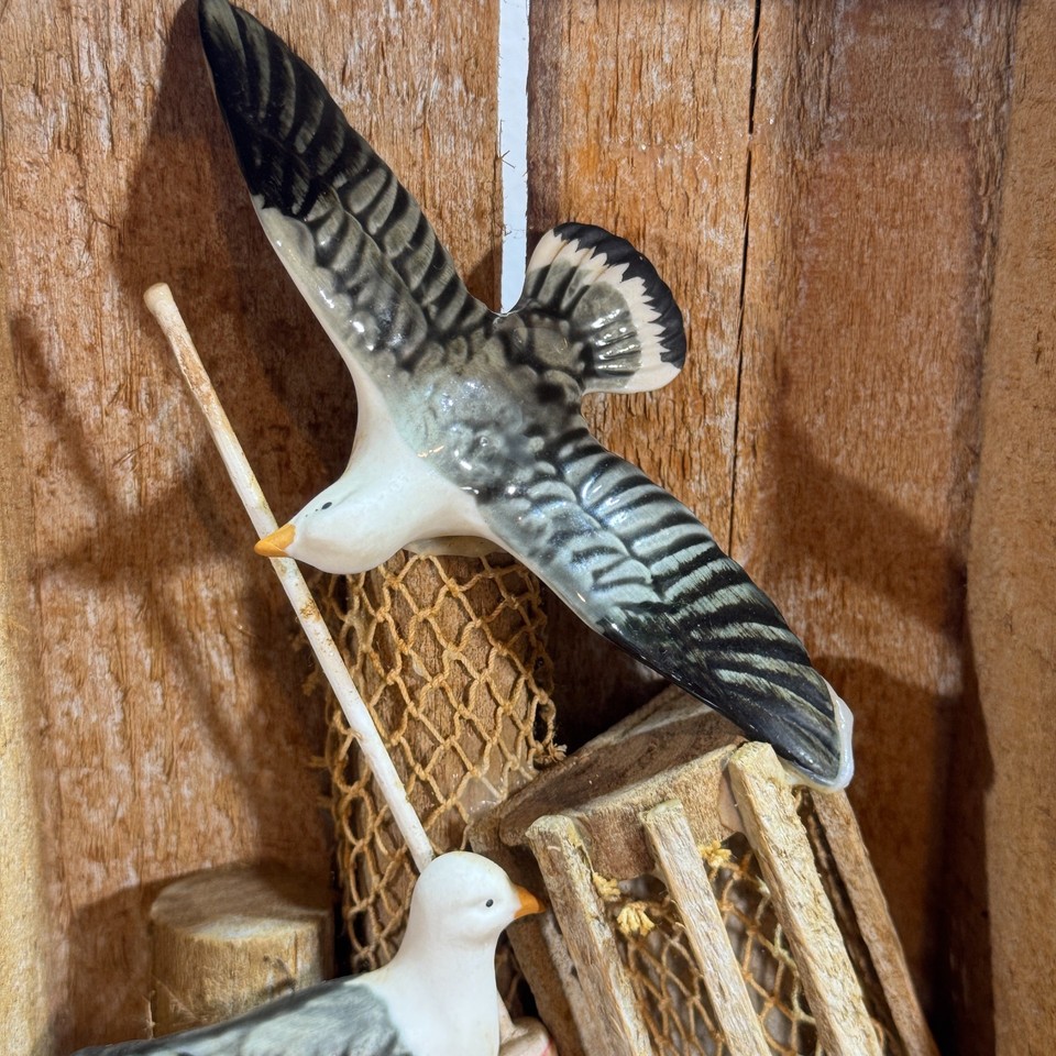 Vintage Wood Shadow Box Seagull Lobster Trap Collage Beach Nautical | eBay