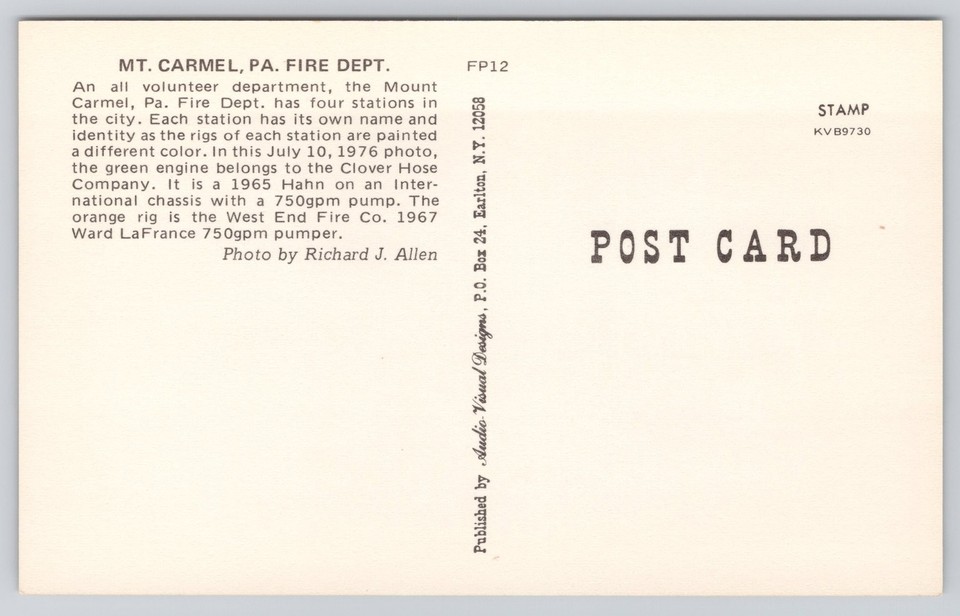 Vintage Mt. Carmel PA Fire Dept. 1976 Photochrome Fire Trucks Postcard ...