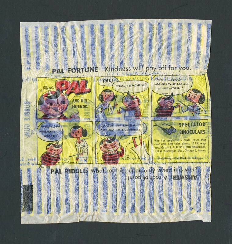 1955 LEAF PAL BUBBLE GUM WRAPPER RARE BLUE & YELLOW RIDDLE FORTUNE ...