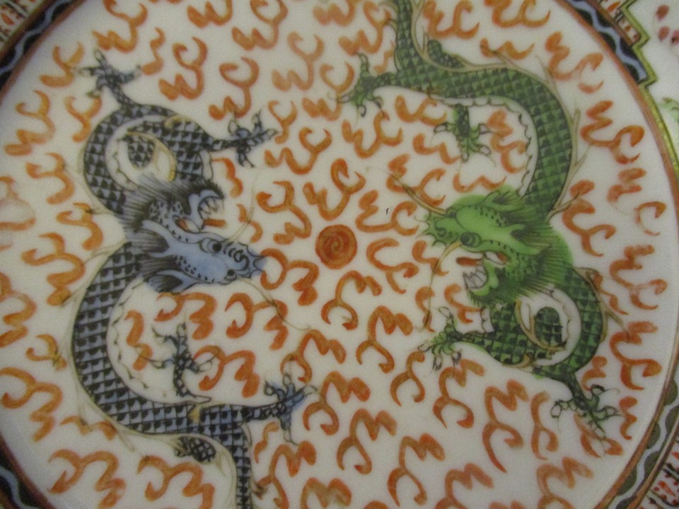Antique Chinese Porcelain Hand Painted Blue & Green Fierce Dragon Pearl ...