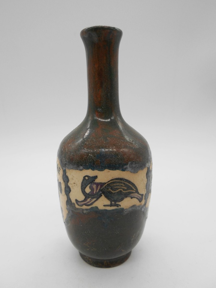 MAGNIFIQUE VASE / BOUTEILLE EN FAIENCE / CERAMIQUE ÉMAILLÉE TAPISSERIE ...