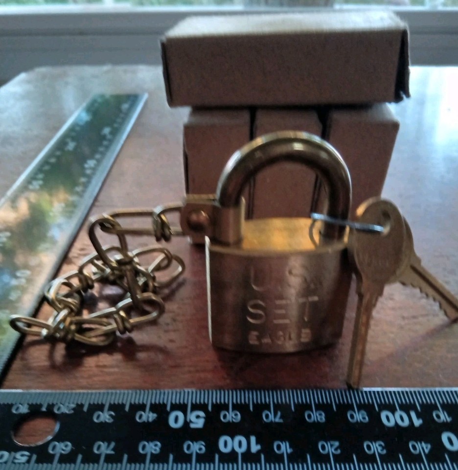 US Military Brass Foot Locker Padlock With Chain & Keys Eagle Lock New ...