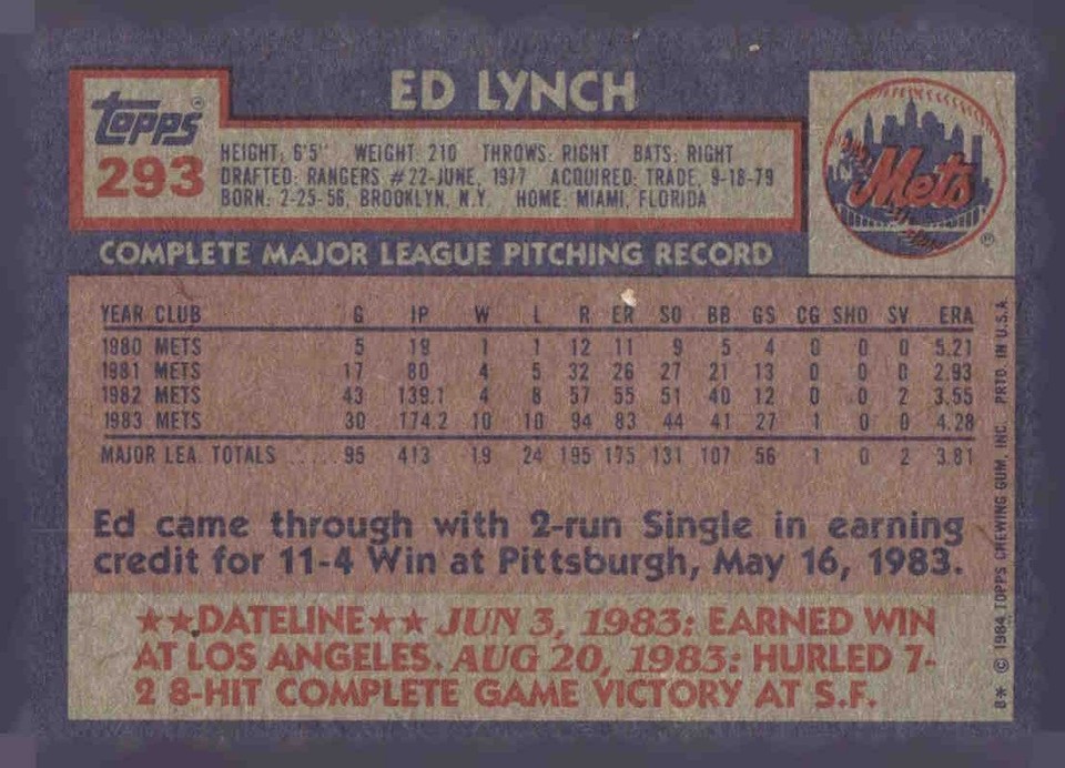 1984 Topps #293 Ed Lynch | eBay