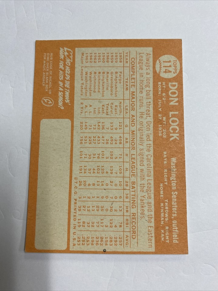 1964 Topps Baseball Don Lock Washington Senators Card #114 | eBay