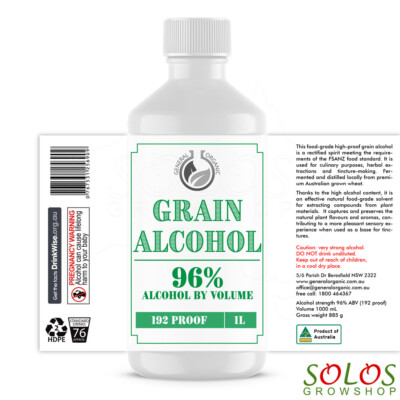 GRAIN ALCOHOL FOOD GRADE ETHANOL VODKA 96% ABV 1000ml AUSTRALIAN MADE ...