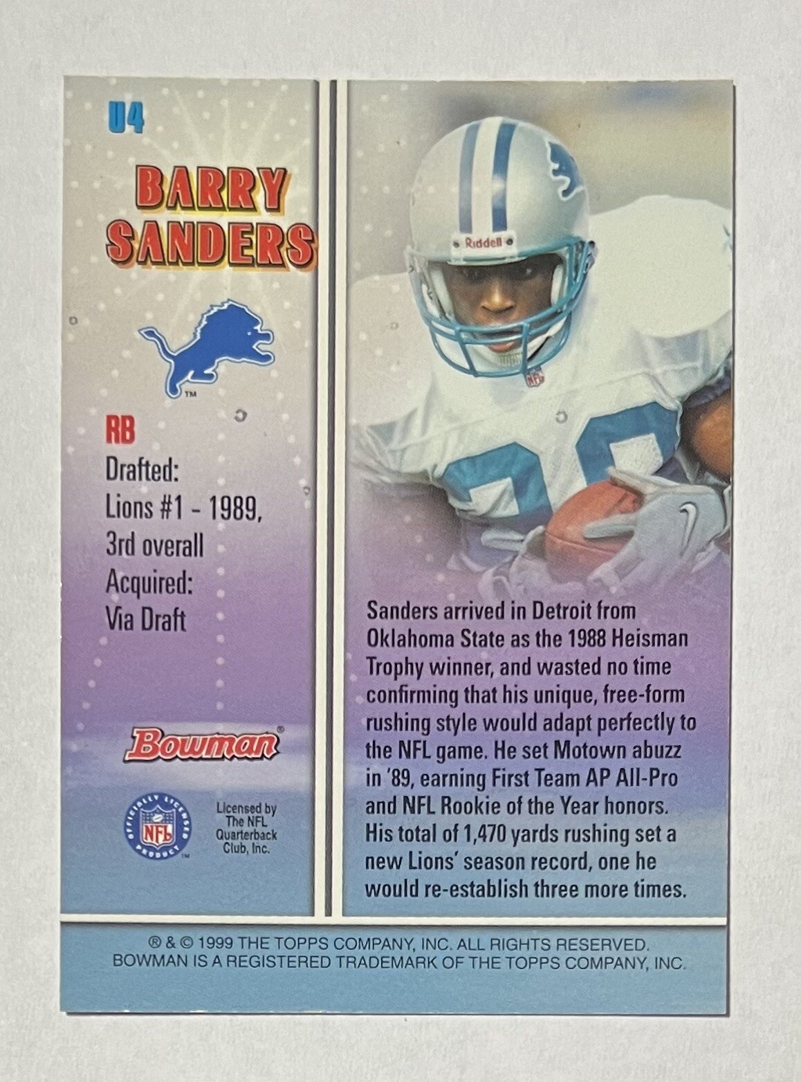 Barry Sanders 1999 Topps Bowman Unexpected Delights Early Risers Card # ...