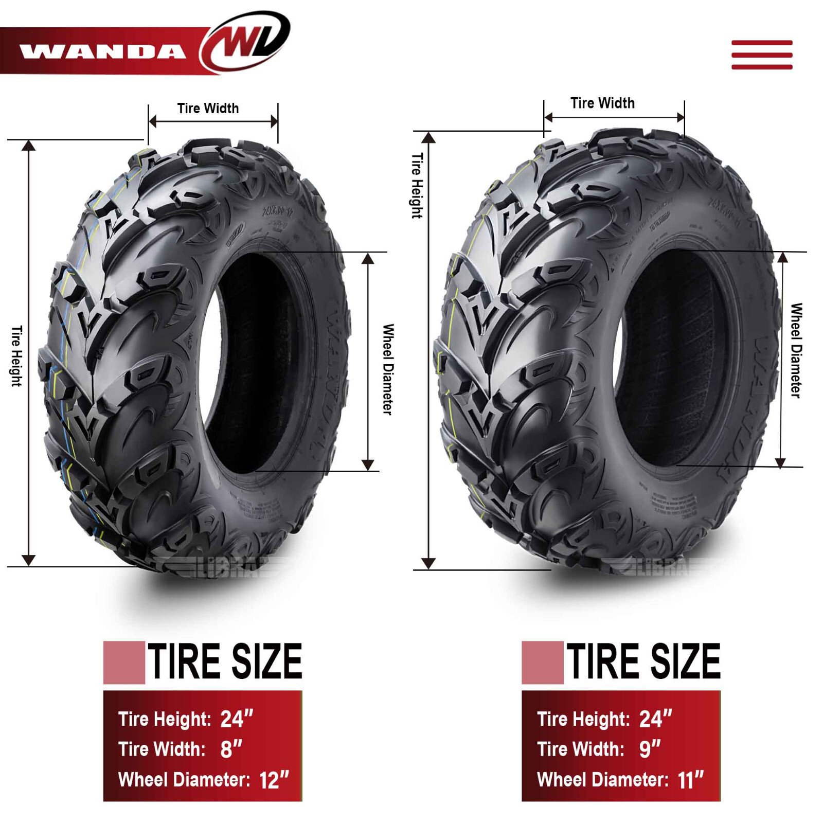 4 WANDA UTV ATV Tires 24x8-12 24x8x12 front 24x9-11 24x9x11 Rear Mud ...