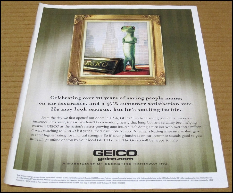 2010 GEICO Car Insurance Gecko Print Ad Advertisement Berkshire ...